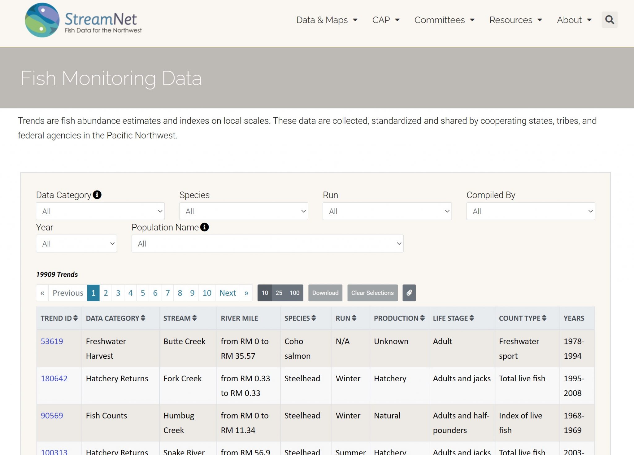 Fish Monitoring Data Query - StreamNet